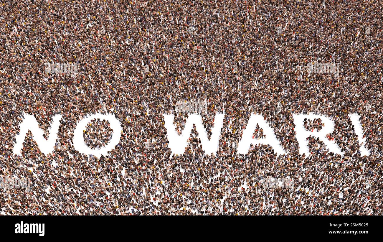 Concept conceptual large community of people forming NO WAR message. 3d ...