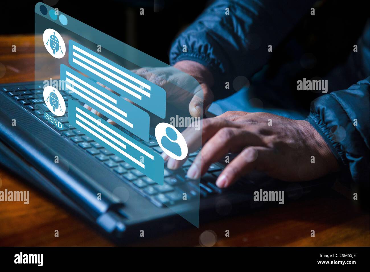 A person types on a laptop with a digital chatbot interface overlay, featuring AI conversation ...