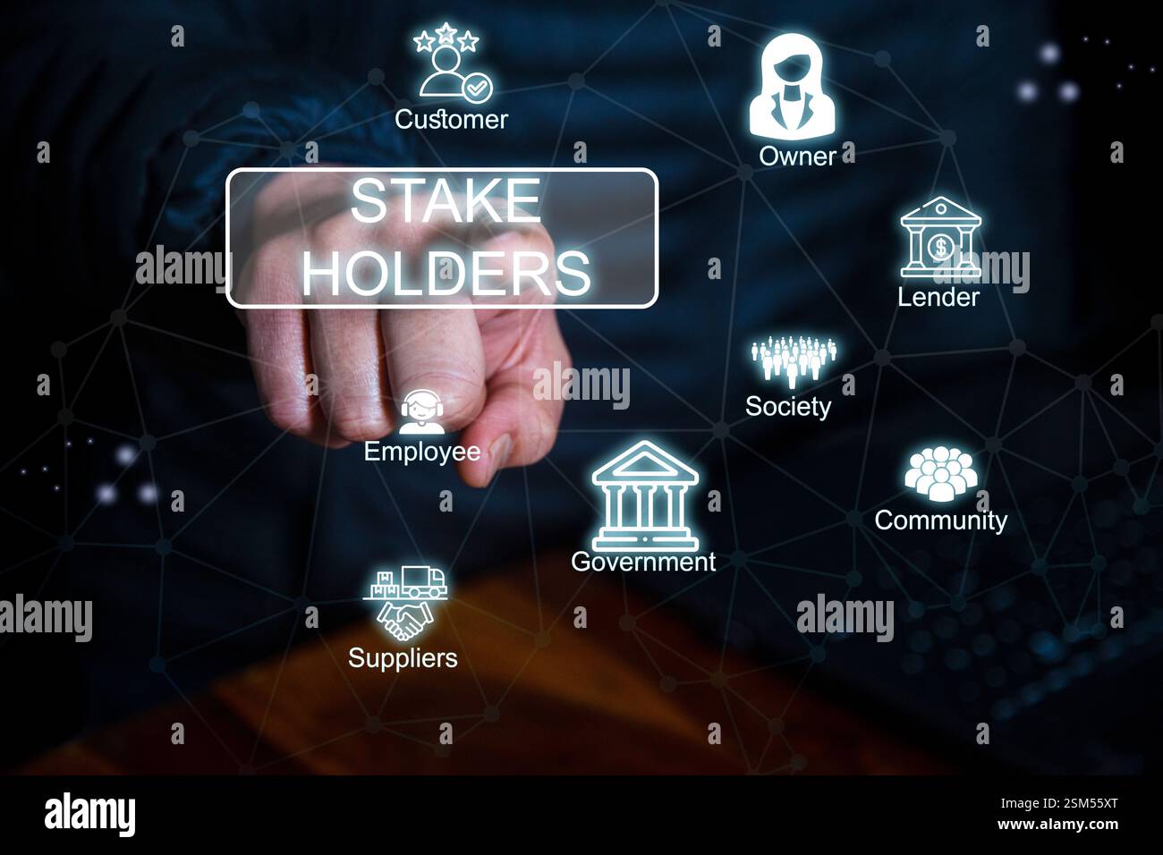 A digital business concept image showing a hand pointing at ...