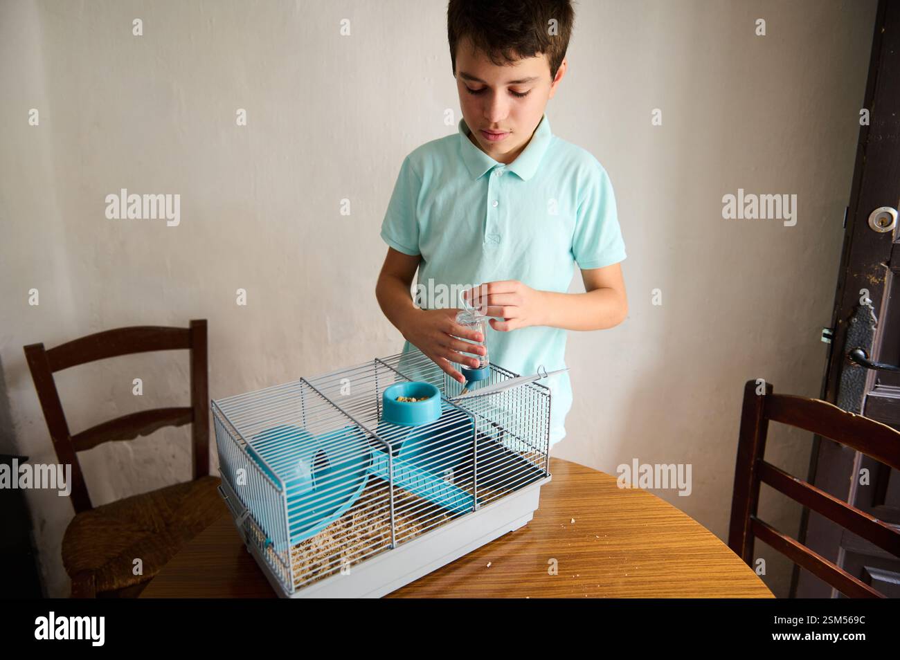 Young boy feeding or taking care of a pet in a cage, displaying ...
