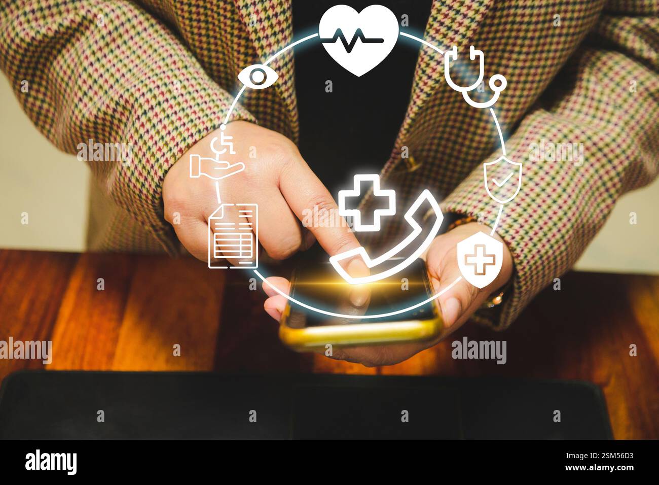 A digital healthcare concept image showing a person using a smartphone ...