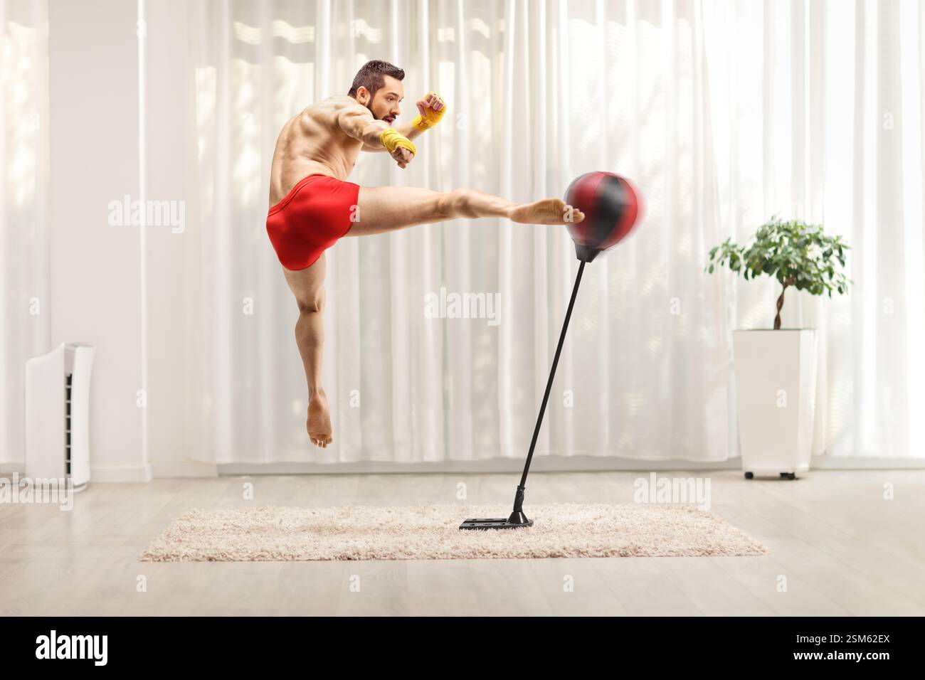 Kickboxer jumping and kicking a stand at home Stock Photo - Alamy
