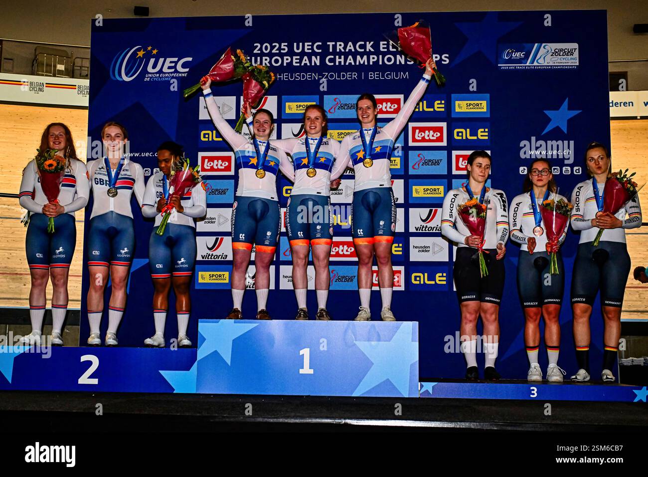 Heusden, Belgien. 12th Feb, 2025. Siegerehrung Team Sprint: Gold: VAN ...