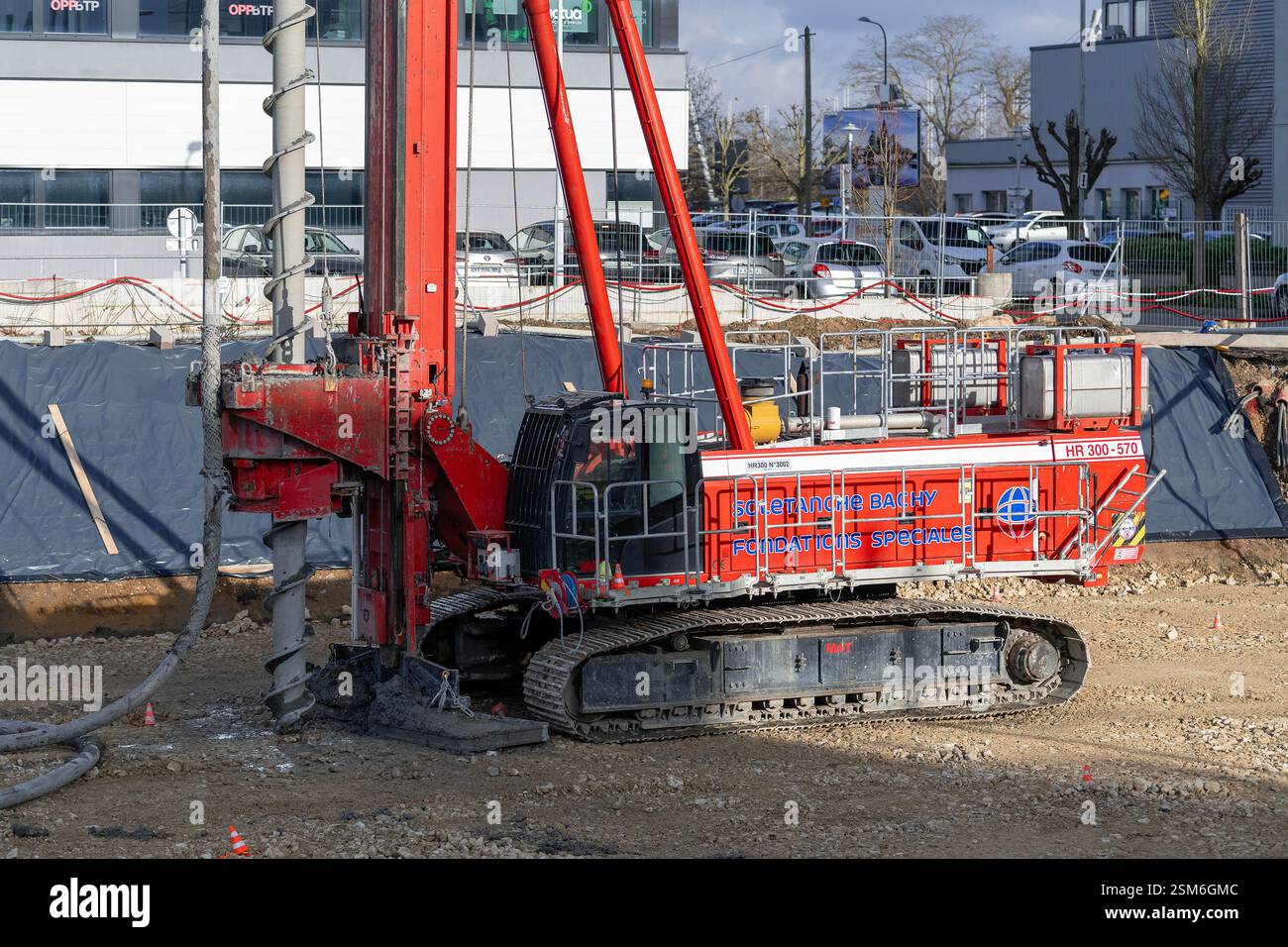 Nancy, France - View on a red drilling rig MAIT HR 300-570 for special foundations on a ...