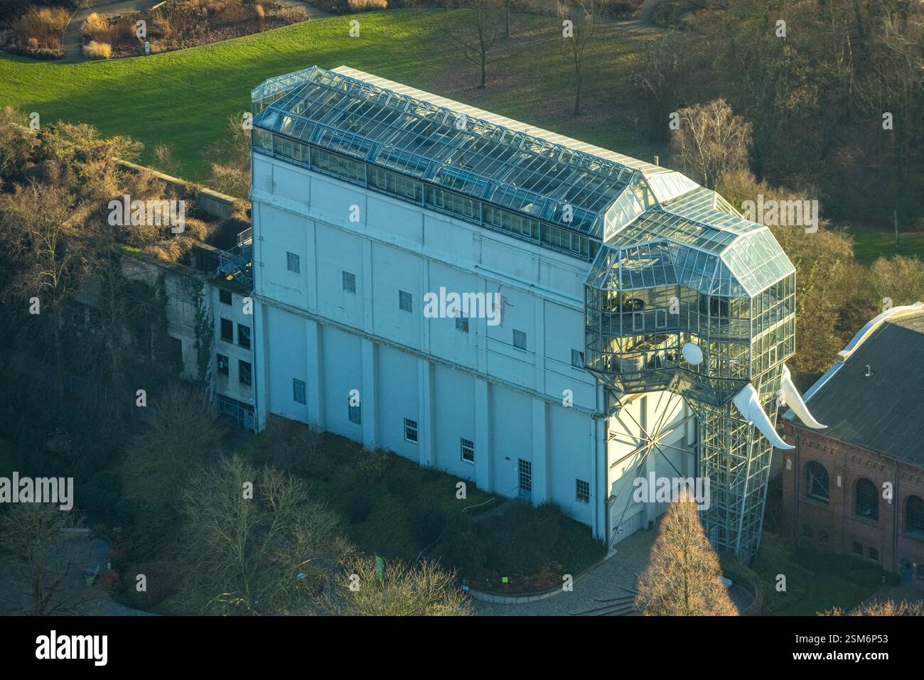 Aerial view, glass elephant in Maximilianpark leisure park, Uentrop ...