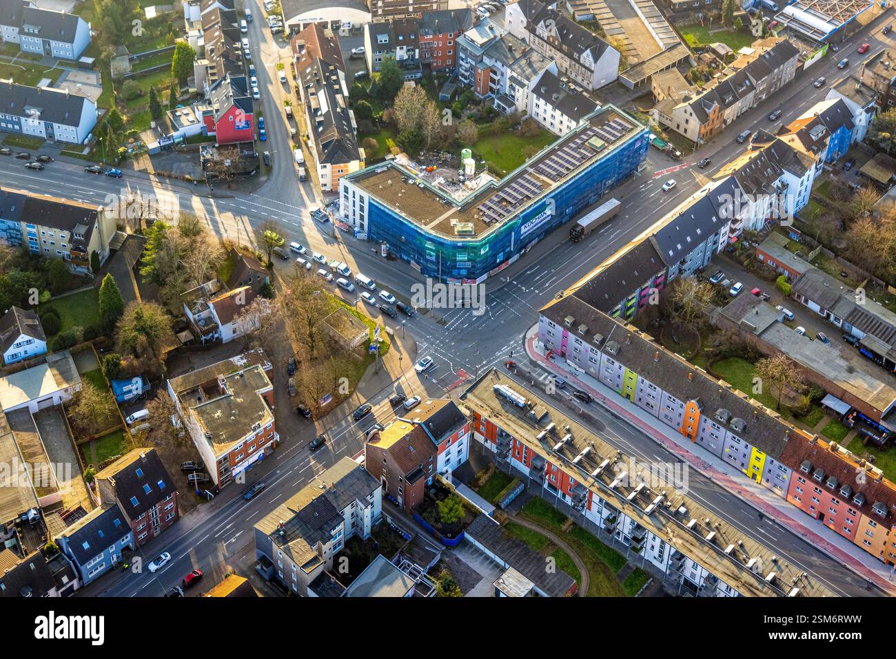 Aerial view, residential area and construction site with new ...