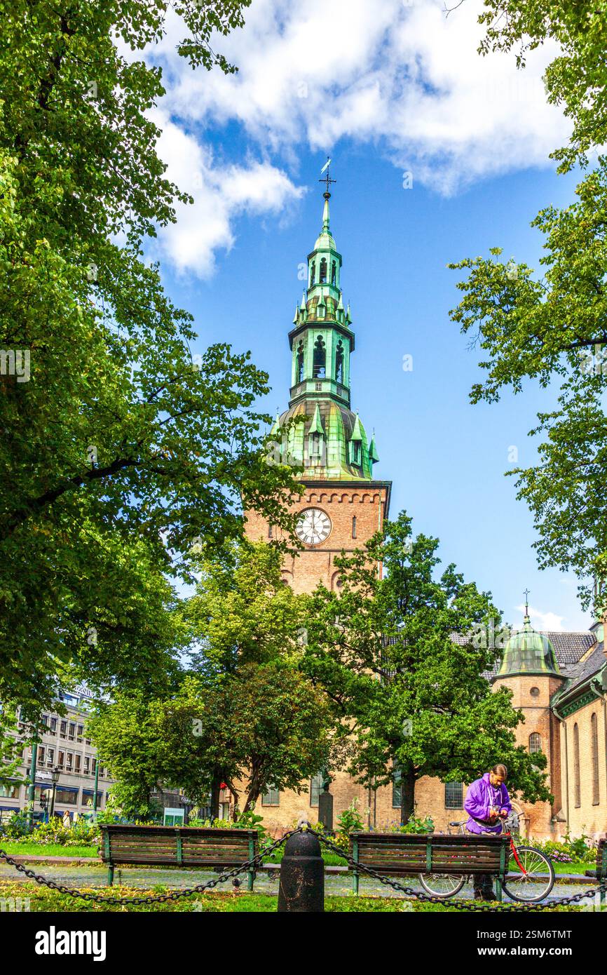 Oslo, Norway, Aug 10 2017, The striking bell tower of Oslo Cathedral ...