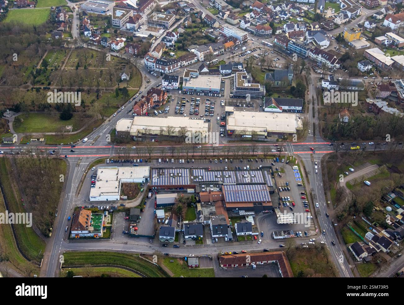 Aerial view, Dortmunder Straße shopping center with DM, Rewe, Aldi and ...