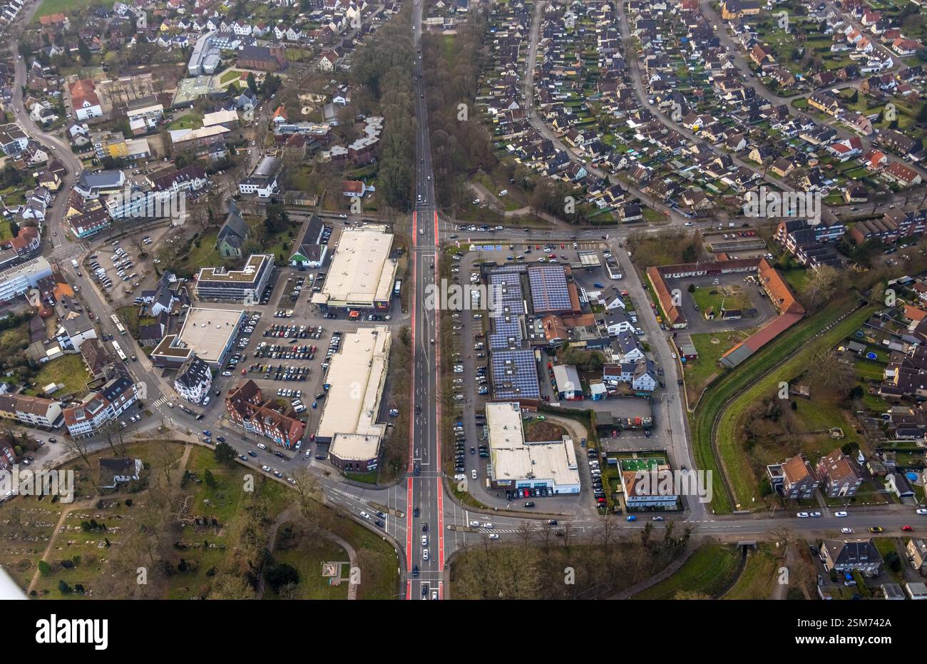 Aerial view, Dortmunder Straße shopping center with DM, Rewe, Aldi and ...