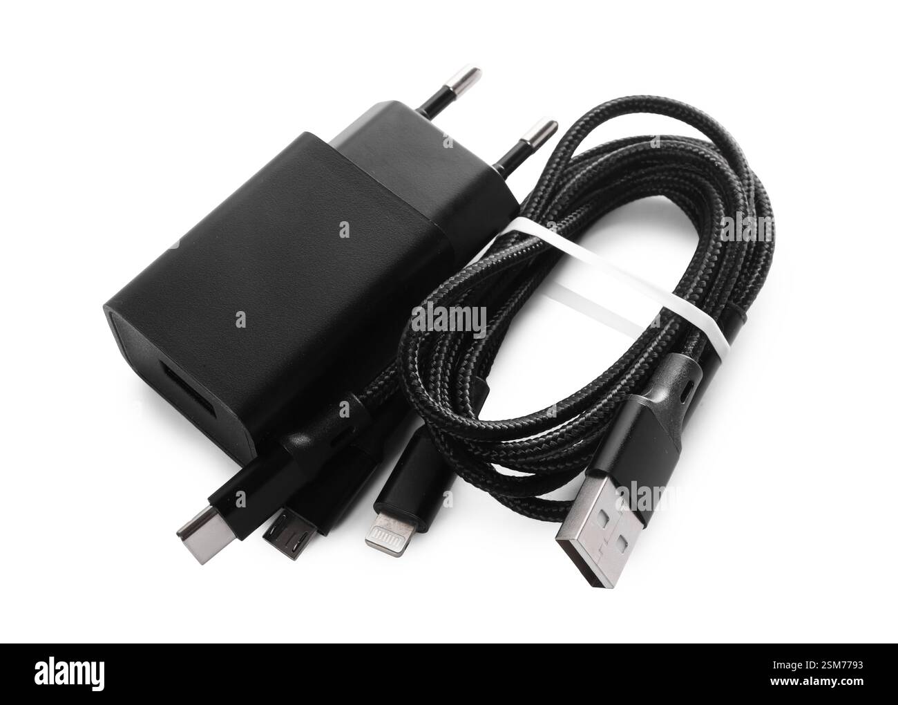 USB power adapter and triple charge cable isolated on white Stock Photo ...