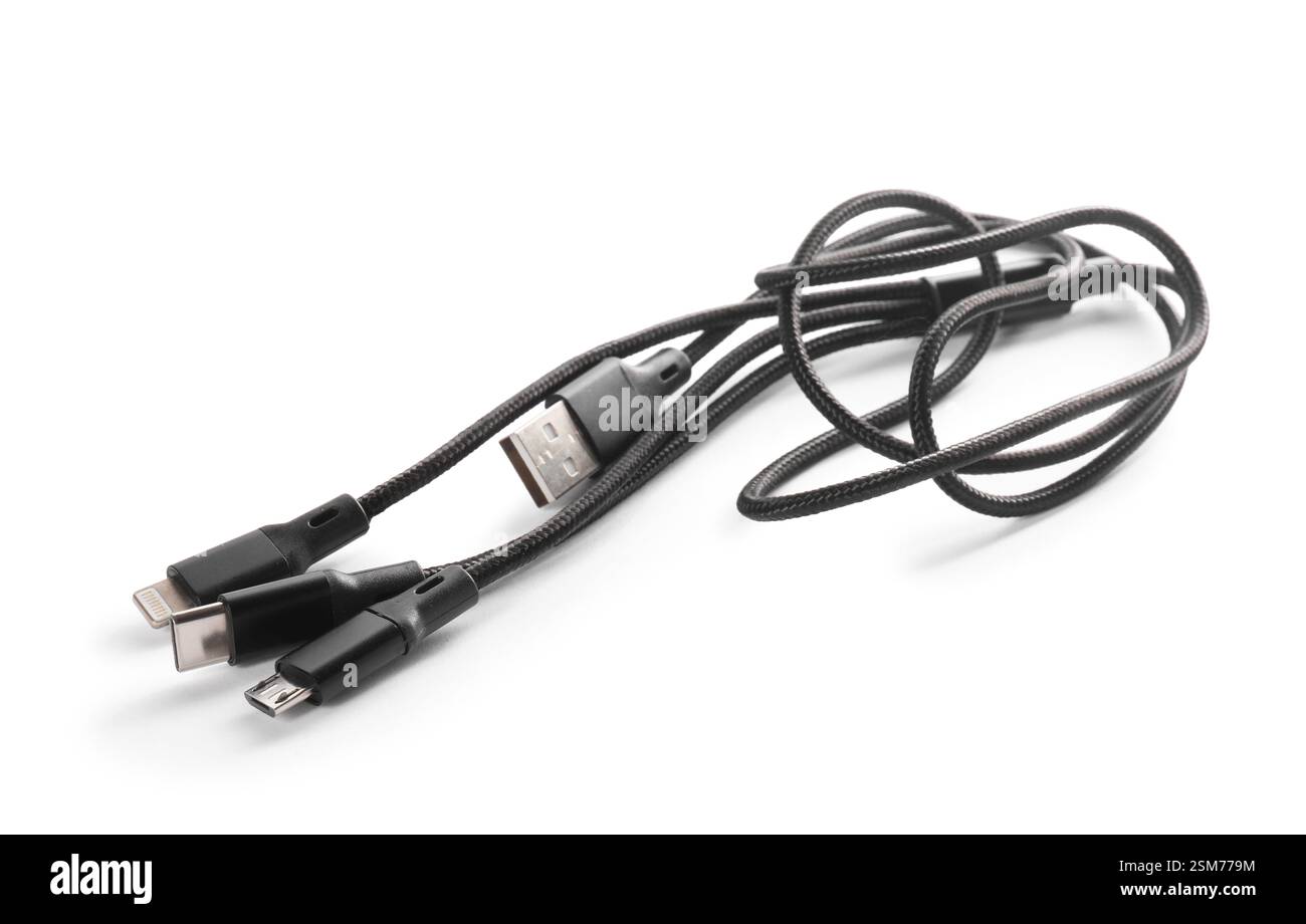 Black triple charge cable isolated on white Stock Photo - Alamy