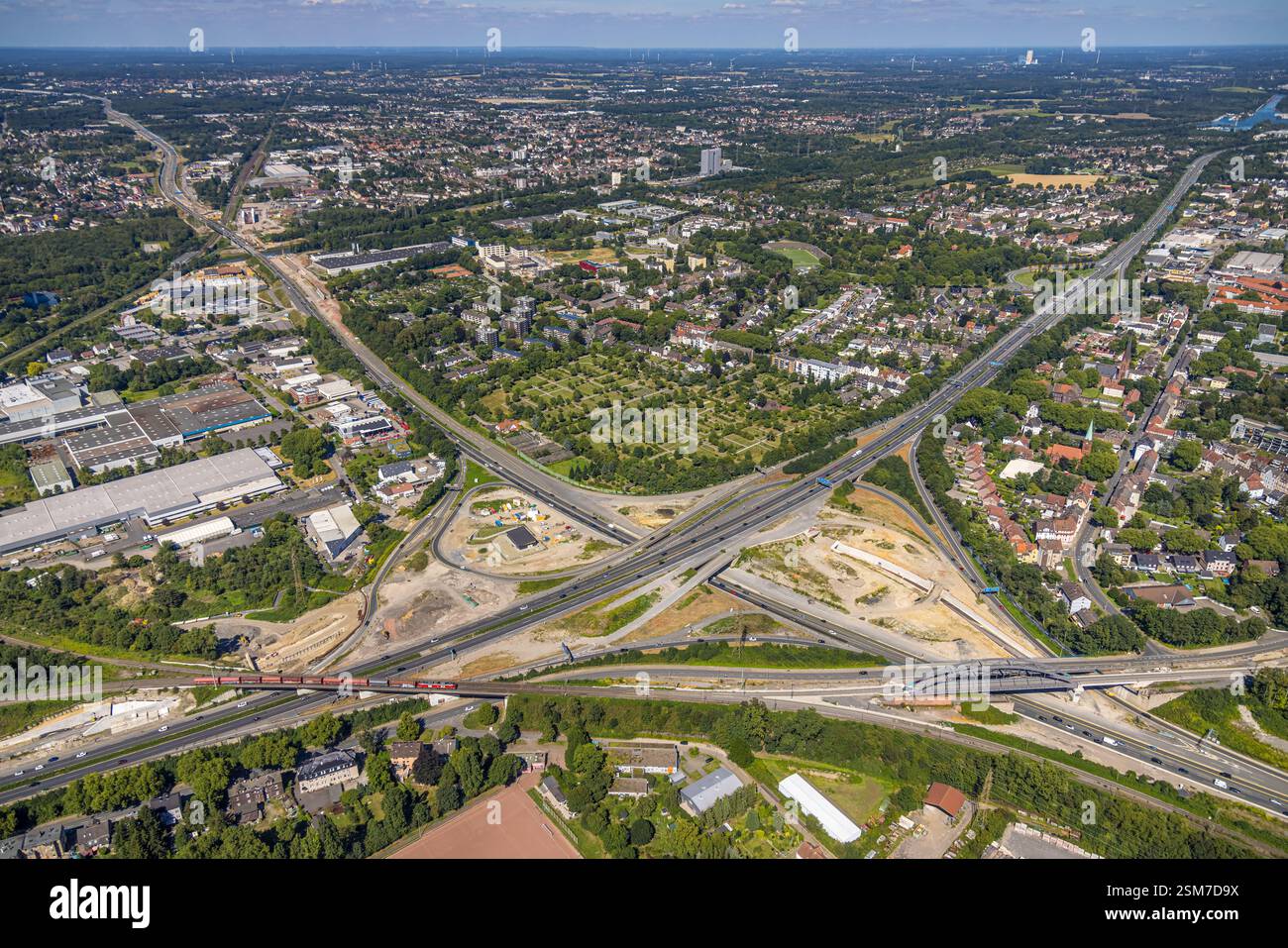 Aerial view, large construction site at Herne interchange, highway A42 ...