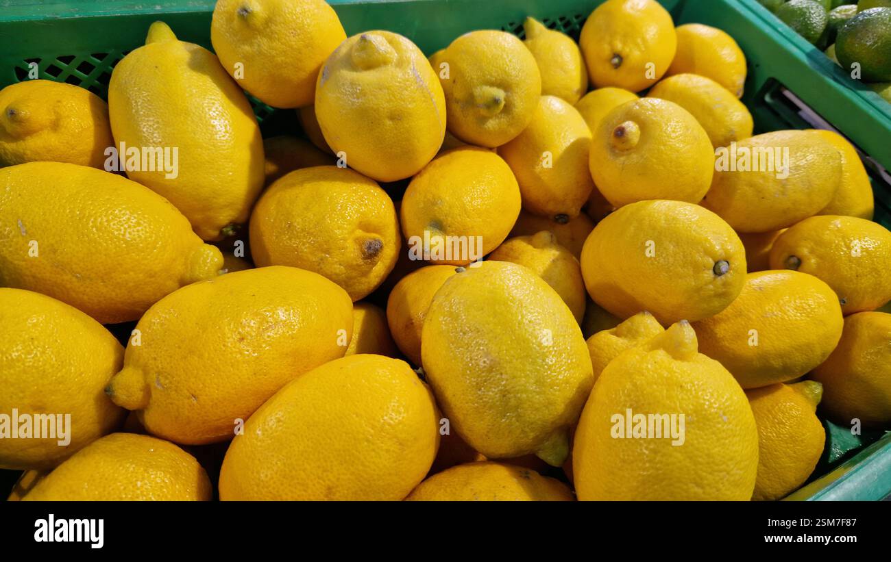 Sale of lemons in a supermarket. Citrus fruits in plastic boxes, close ...
