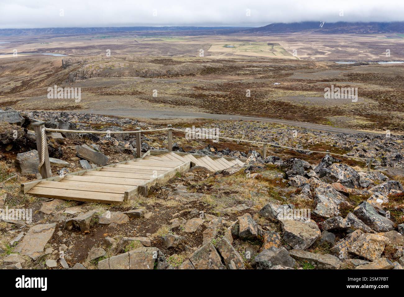 Wooden staircase to Borgarvirki columnar basalt Viking fortress with ...