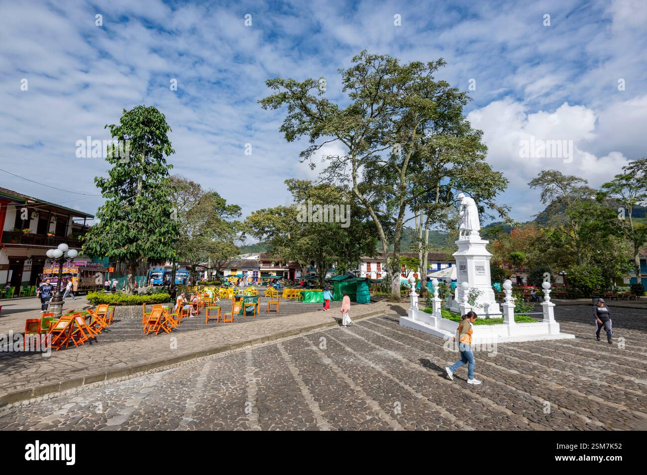 View of El Liberator Park, the main plaza of Jardin, Antioquia ...