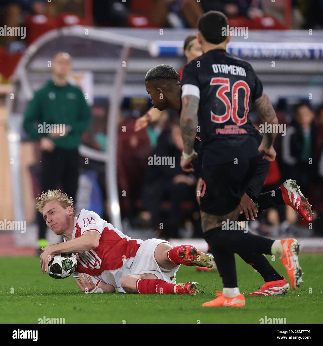 Monaco, Monaco. 12th Feb, 2025. Mika Biereth of AS Monaco grabs the ...