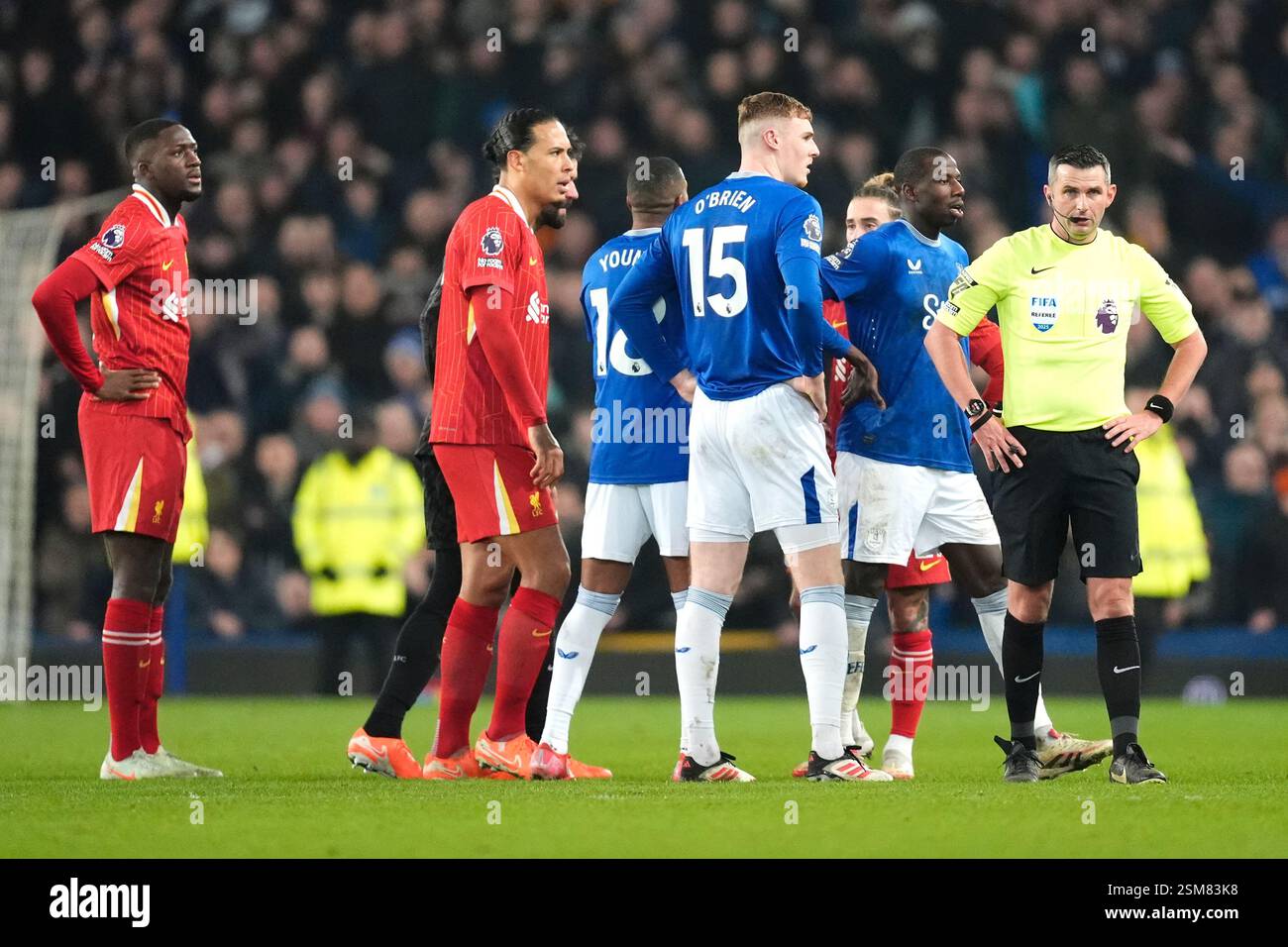 Liverpool and Everton players look on as referee Michael Oliver speaks ...
