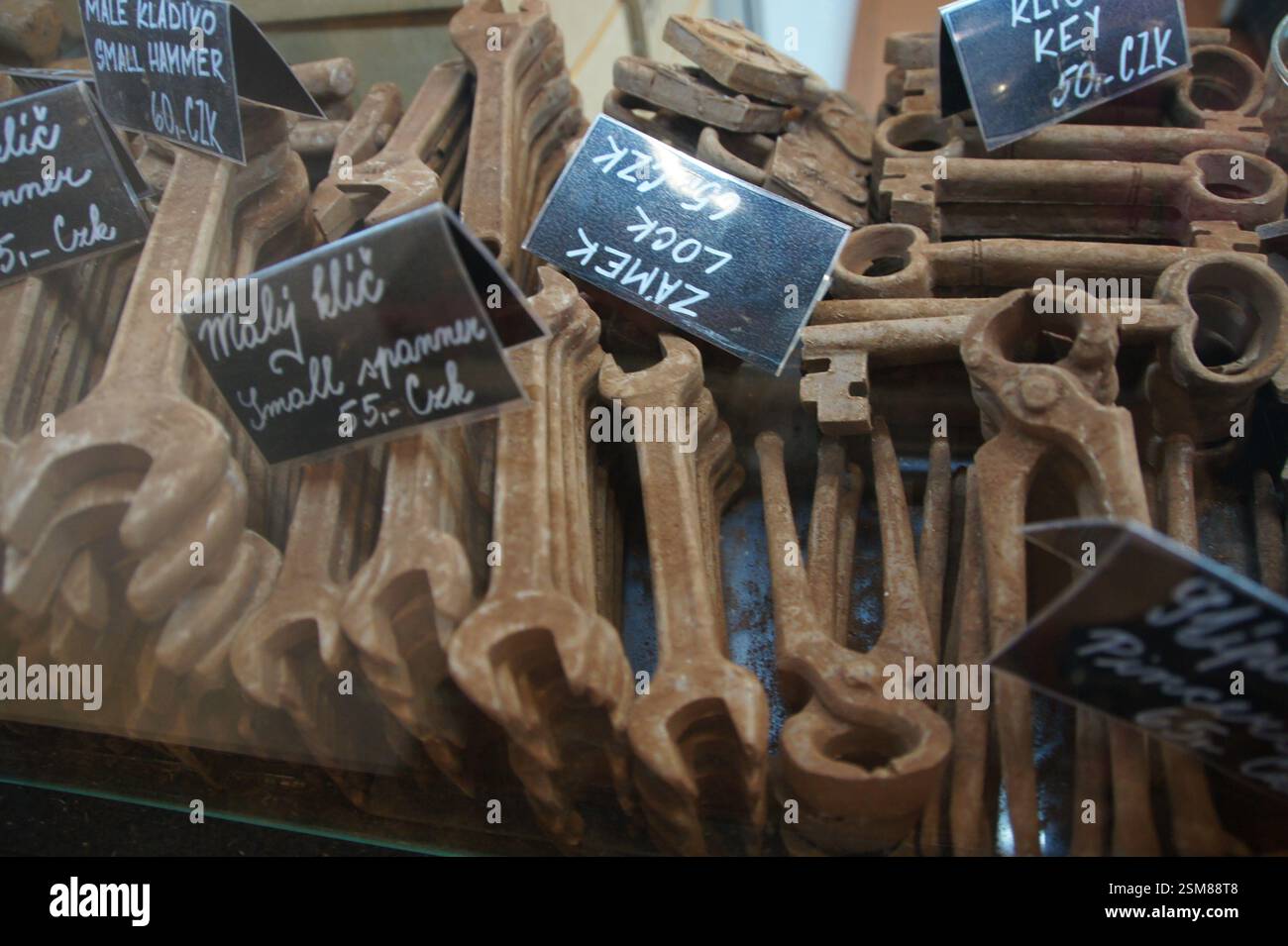 Chocolate tools display, various chocolate-crafted tools like hammers ...
