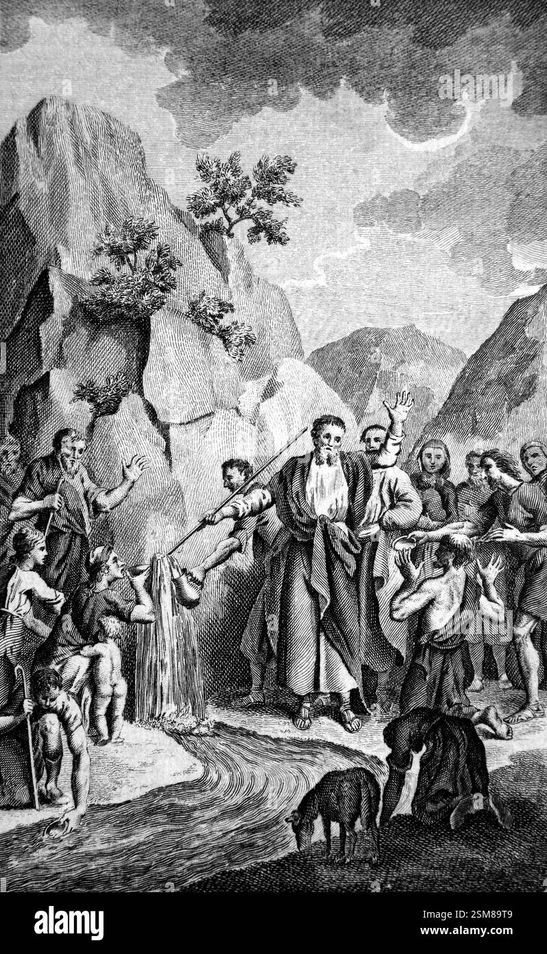 Copper-Plate Engraving of Moses Striking the Rock Twice and the Water ...