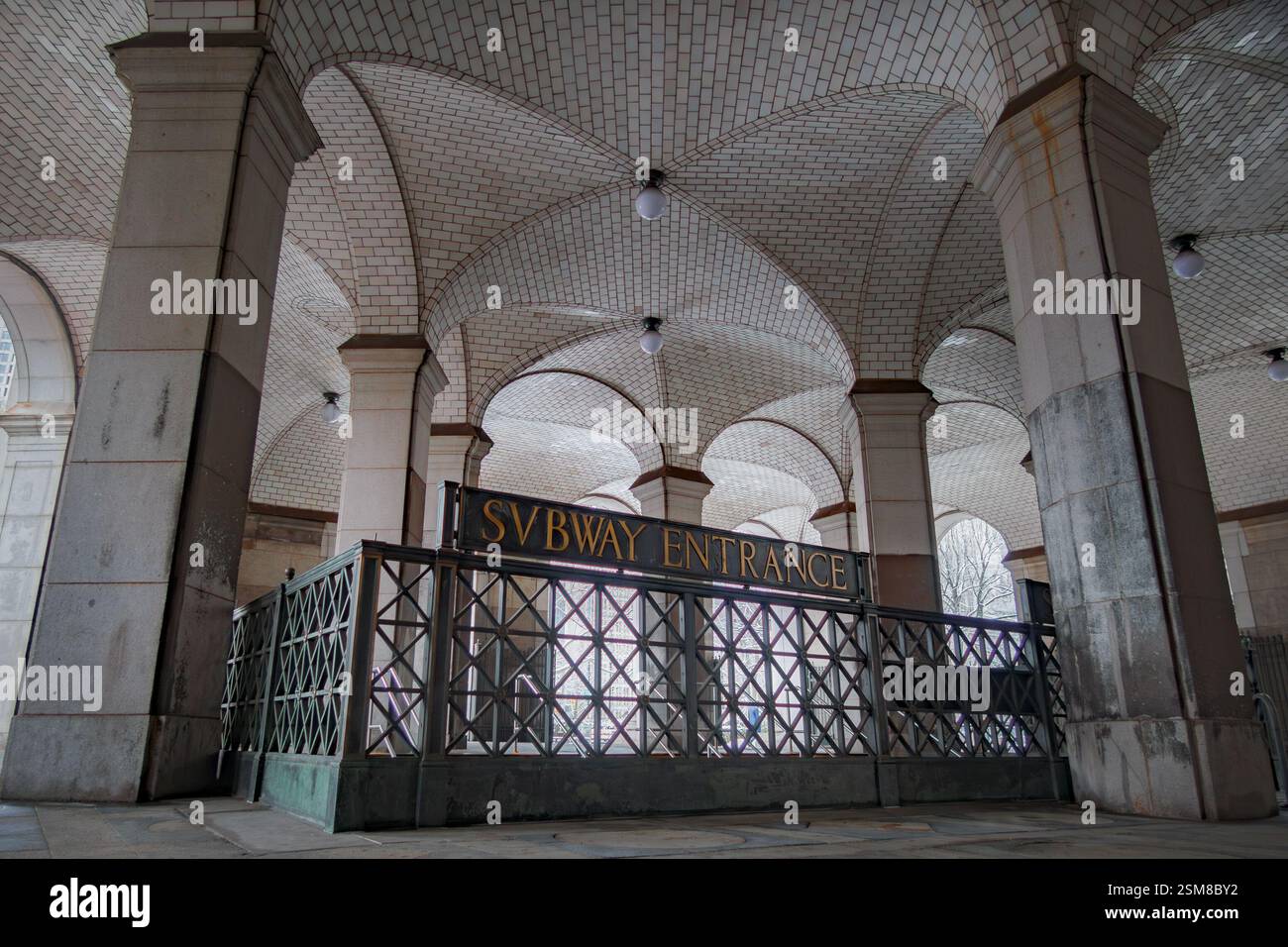 USA. 12th Feb, 2025. An entrance to a the Brooklyn Bridge subway ...