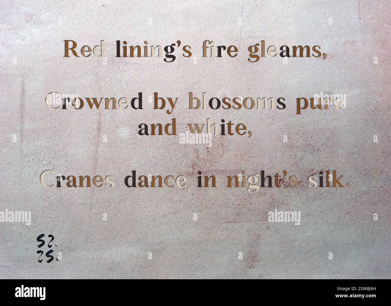Red lining's fire gleams, Crowned by blossoms pure and white, Cranes ...
