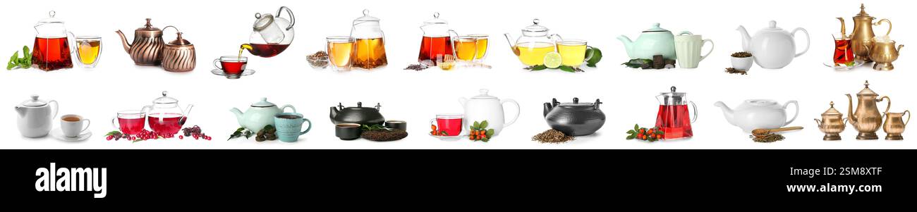 Set of different brewed tea on white background Stock Photo - Alamy