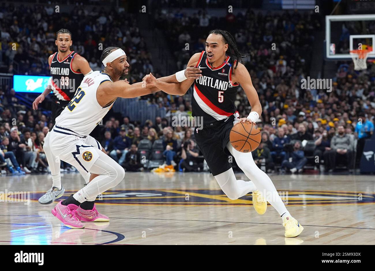 Portland Trail Blazers guard Dalano Banton (5) and Denver Nuggets ...