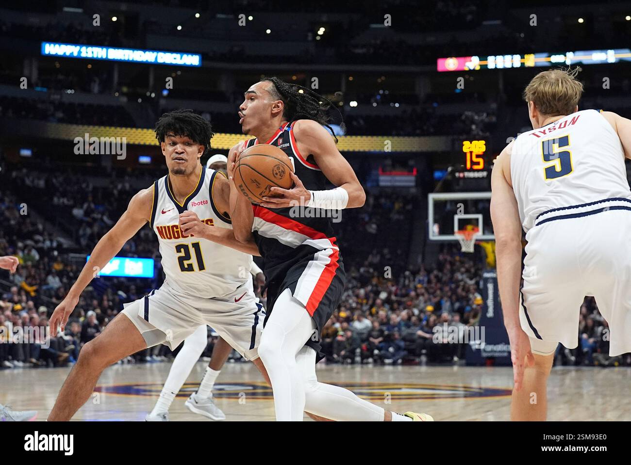 Portland Trail Blazers guard Dalano Banton (5) and Denver Nuggets ...