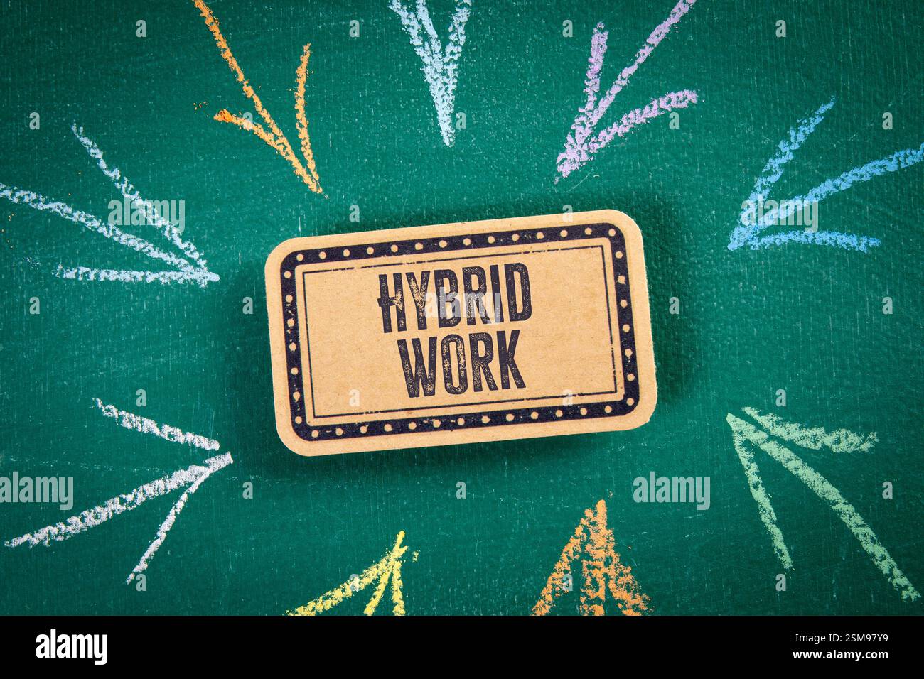 Hybrid Work. Cardboard sticker with text on a green chalkboard ...