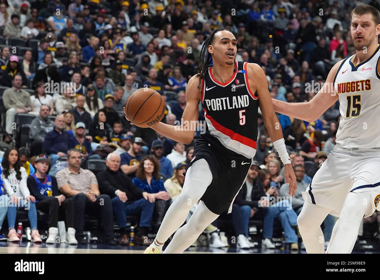Portland Trail Blazers guard Dalano Banton (5) and Denver Nuggets ...
