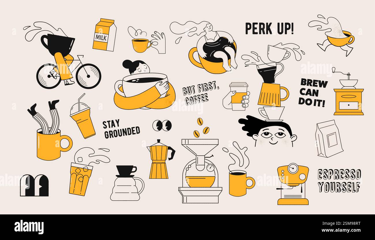 Collection of coffee illustrations and icons. Cafe and coffeeshop ...