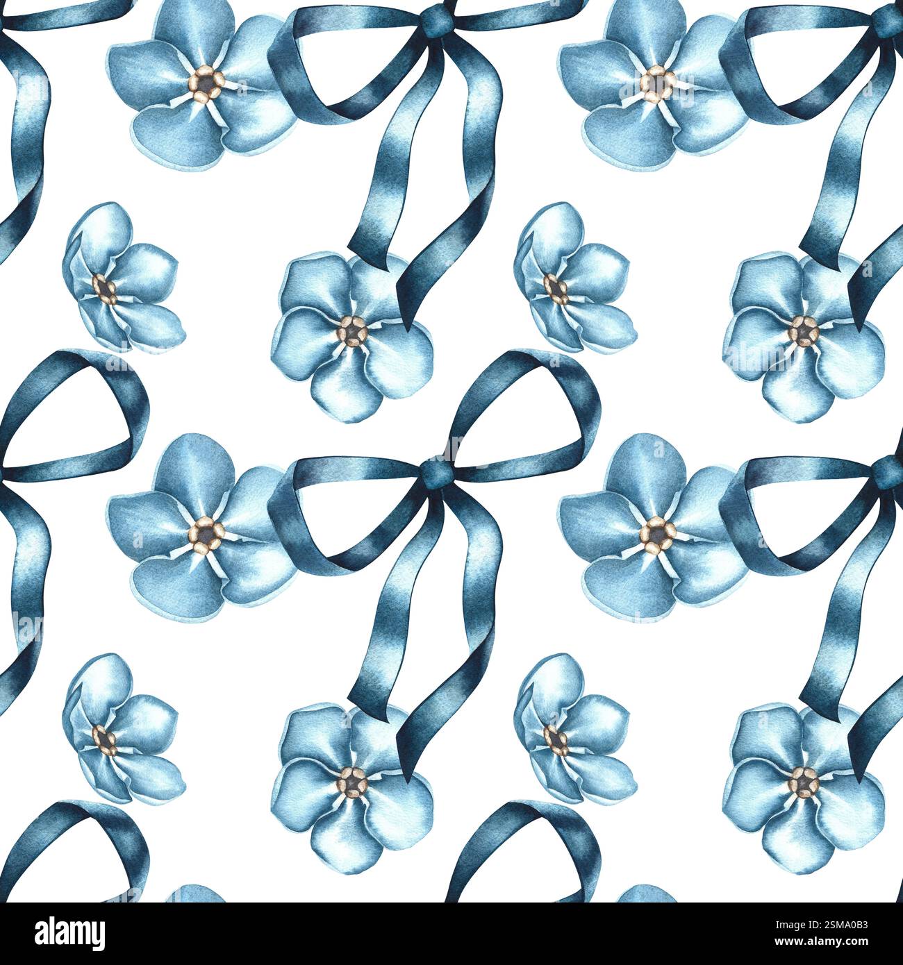A simple pattern with blue forget-me-nots and bows of their ribbons ...