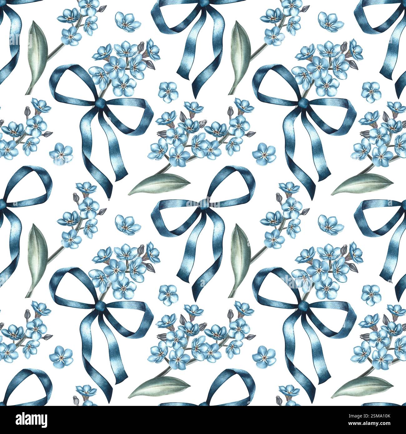 A simple pattern with blue forget-me-nots and bows of their ribbons ...