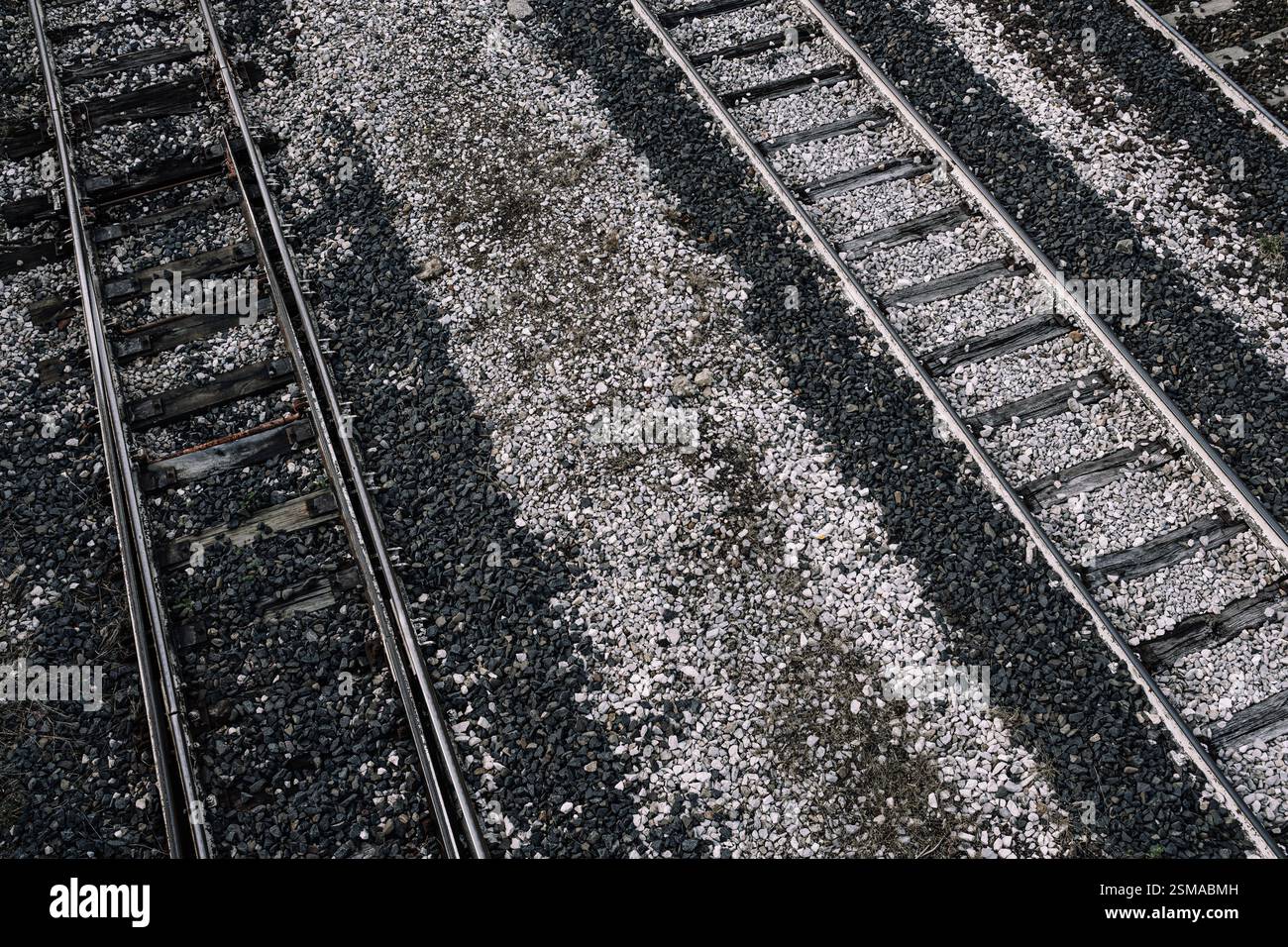 Top view capturing parallel railway tracks converging in the distance ...