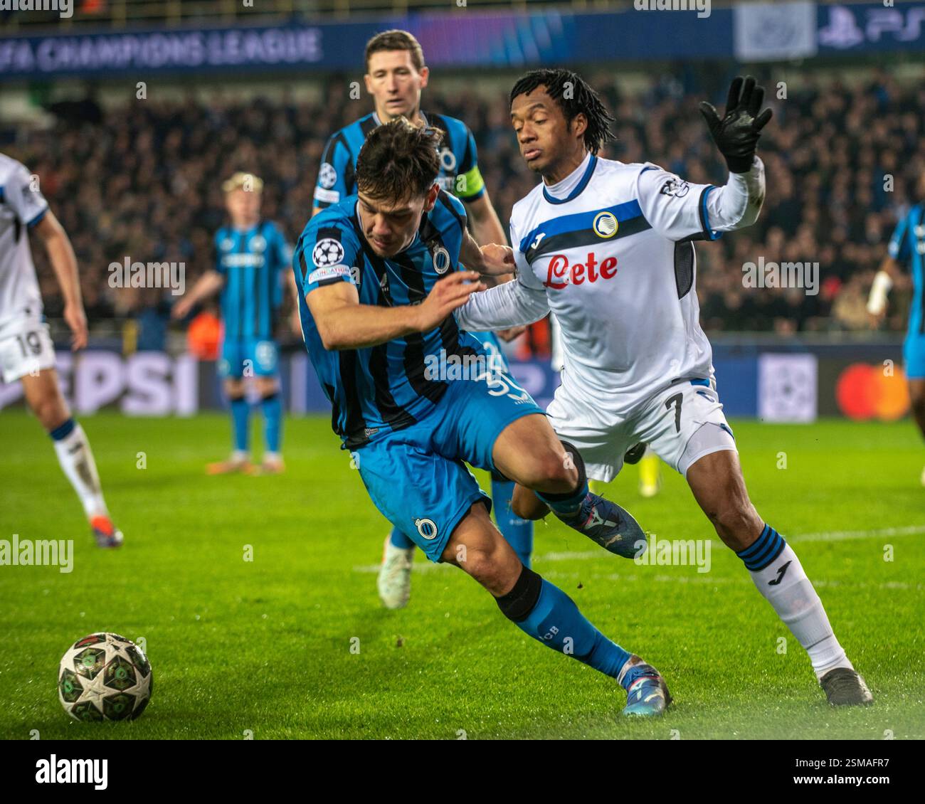 Bruges, Belgium. 12th Feb, 2025. Ardon Jashari of Brugge and Juan ...