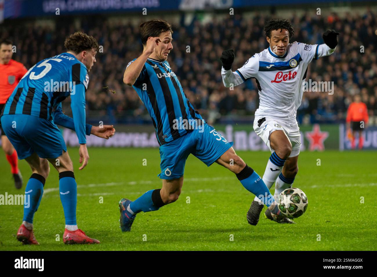 Bruges, Belgium. 12th Feb, 2025. Ardon Jashari of Brugge and Juan ...