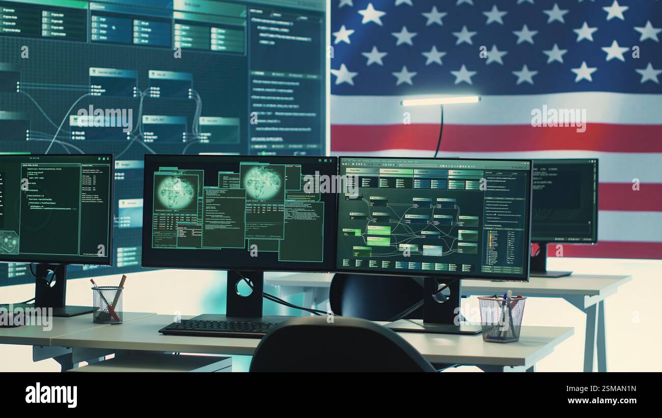 High tech governmental cyber operations center with USA flag. Network ...
