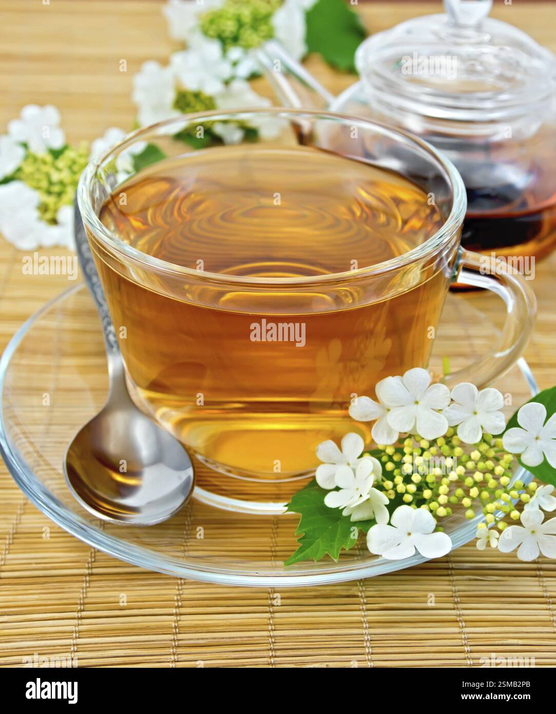 Herbal tea from the flowers of viburnum in glass cup and teapot, spoon ...