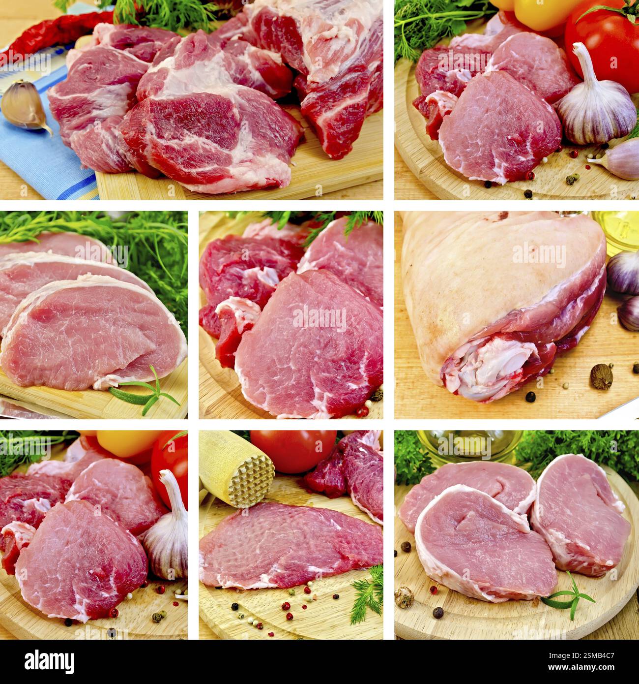 Collection of images of pork, knuckle, garlic, napkin, parsley, onions ...