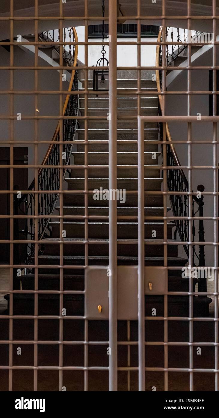 Symmetrical image of stairs behind a metal gate Stock Photo - Alamy