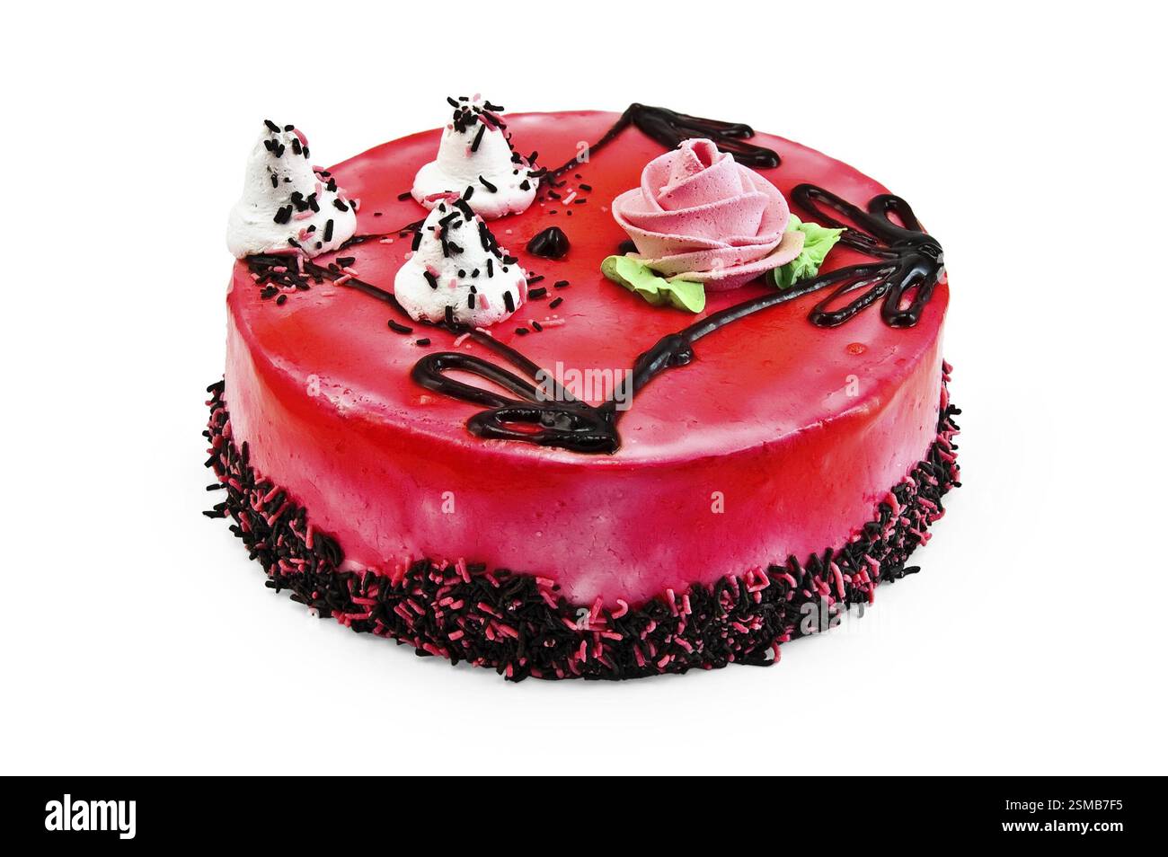 Cake with red jelly and a pattern from chocolate icing, pink cream ...
