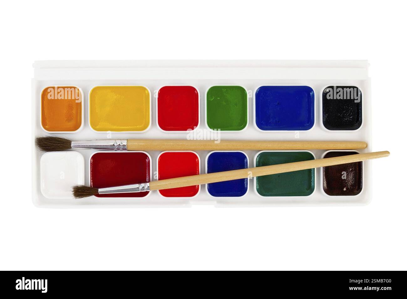 A box of paints, two brushes isolated on white background Stock Photo ...