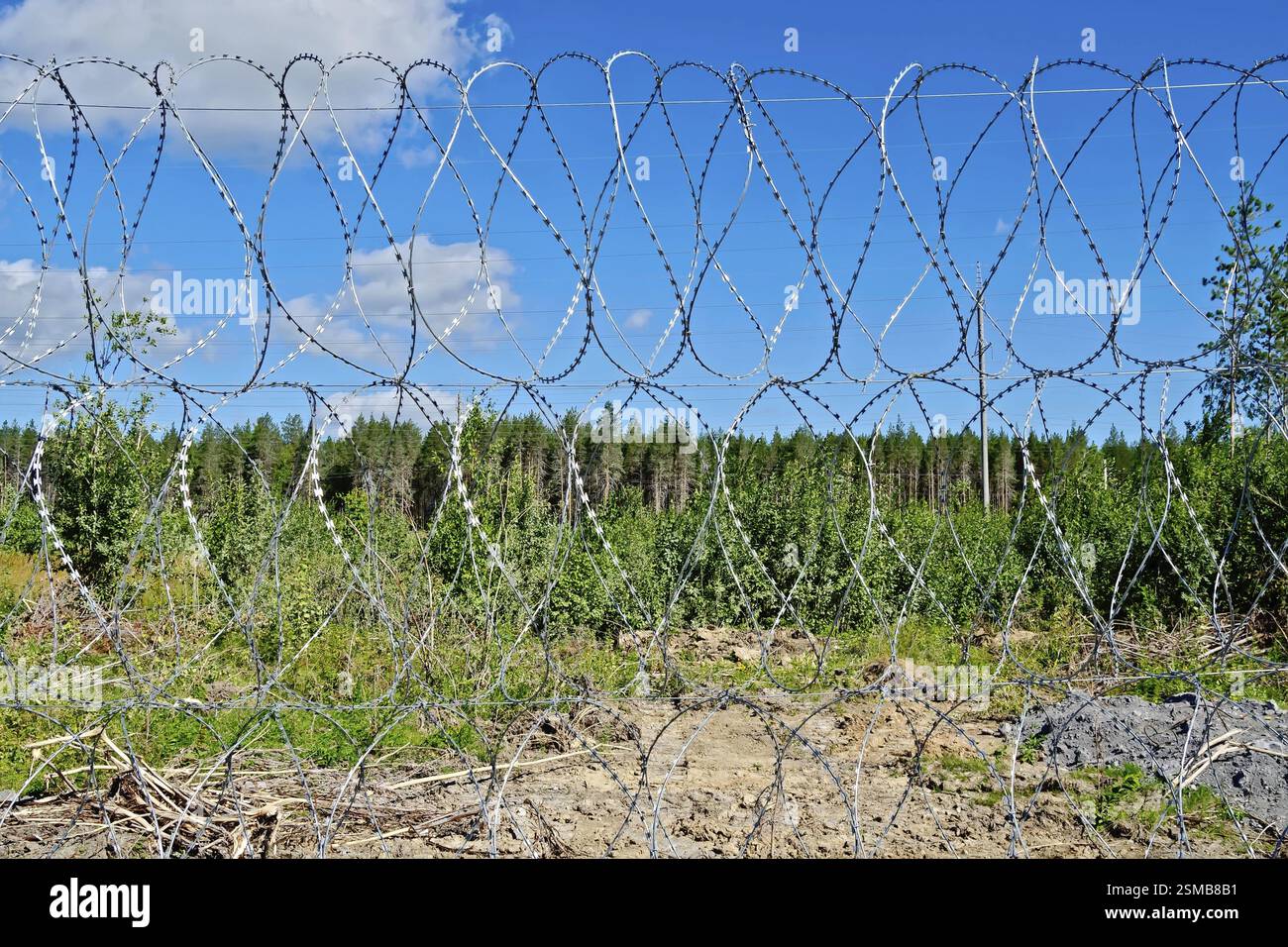 Barbed wire fence on a background of blue sky with white clouds, green ...