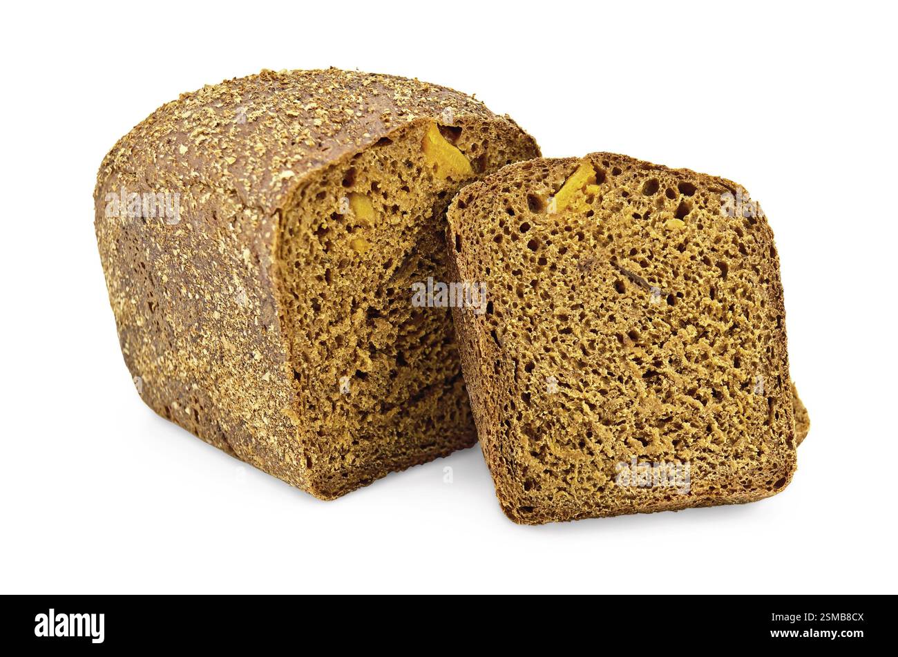 Cut loaf and a slice of rye bread with candied fruit isolated on a ...