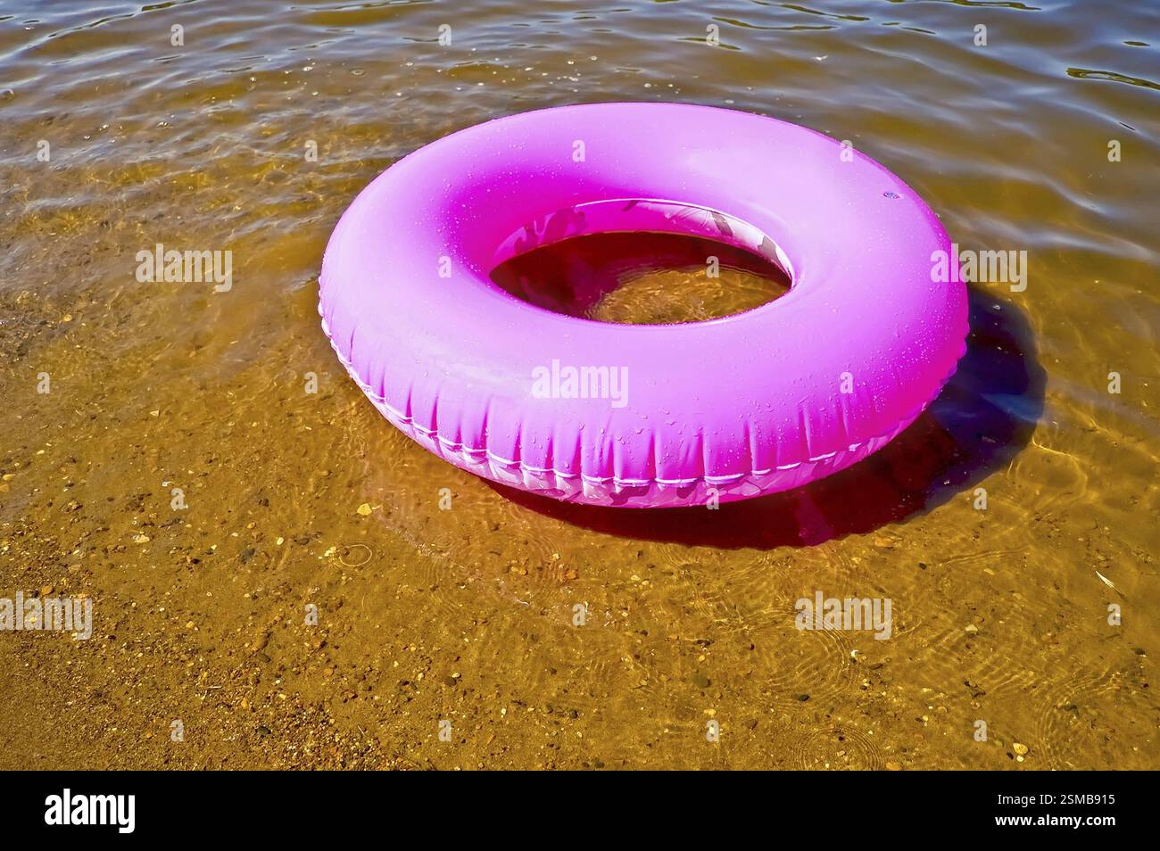Pink childish lifebuoy against a background of golden sand and water ...