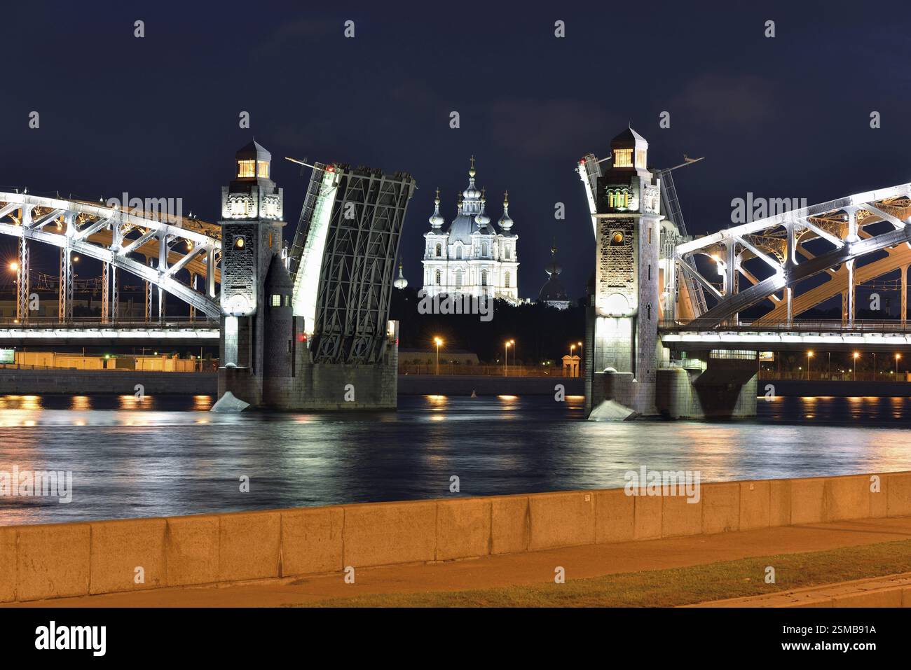 Smolniy cathedral and movable bridge in St-Petersburg, Russia. White ...