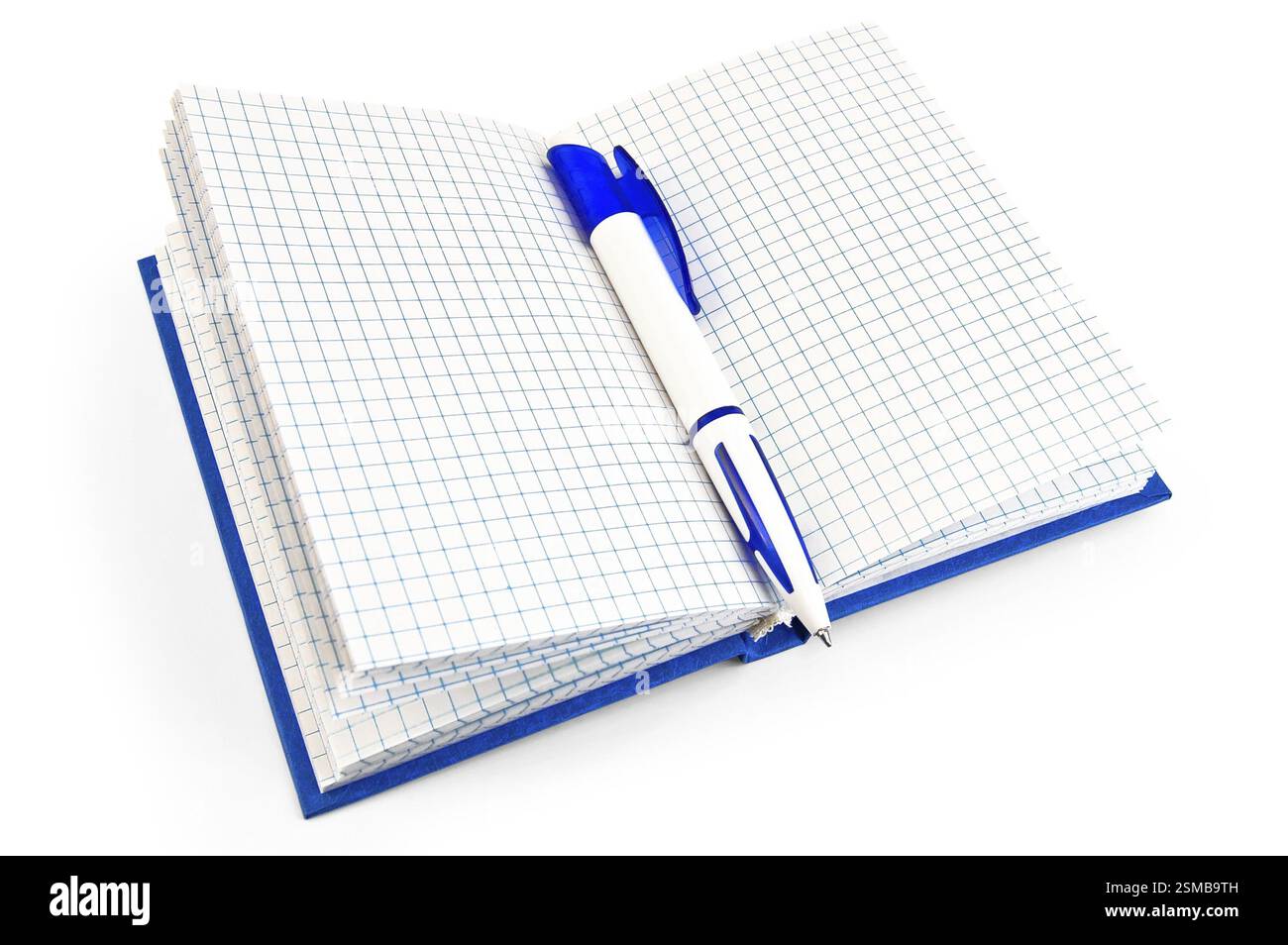 Opened notepad, pen blue and white isolated on white background Stock ...