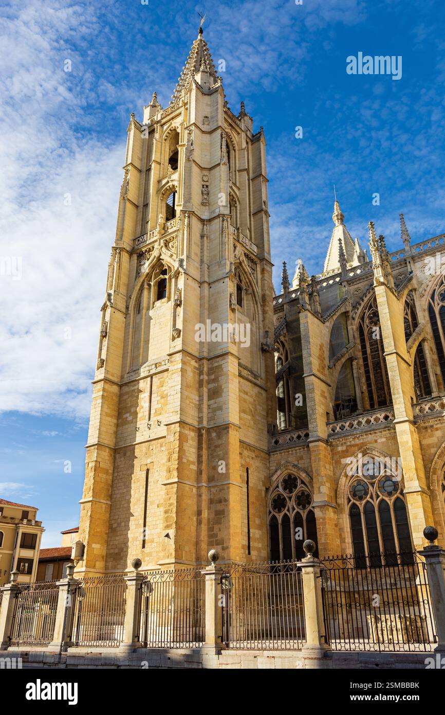 The iconic clock tower of León Cathedral, known as the Pulchra Leonina ...