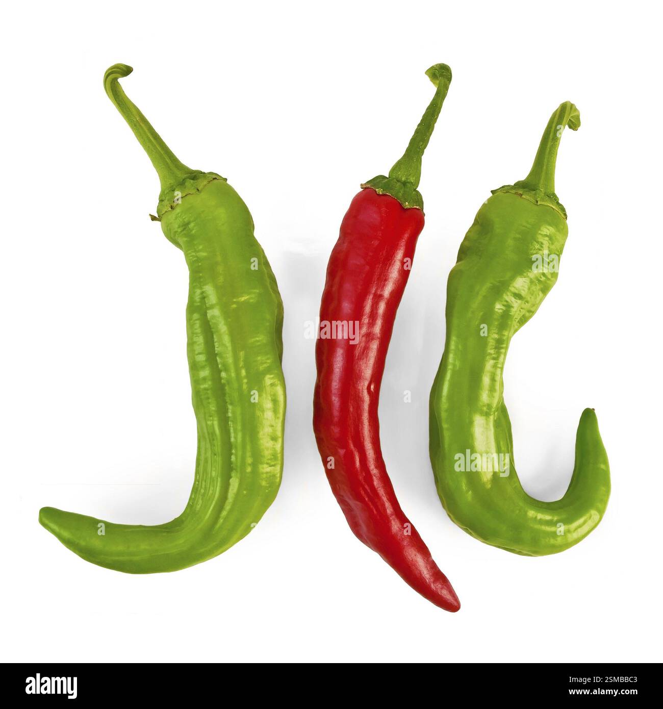 Three sharp red and green pepper isolated on white background Stock ...