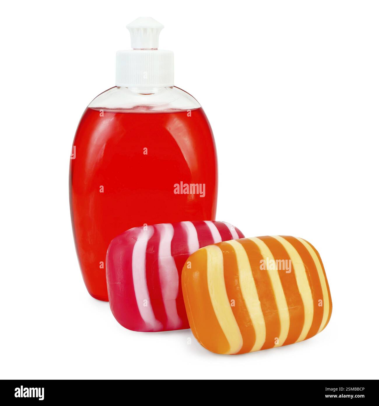 Red liquid soap in a bottle, solid red and orange striped soap isolated ...